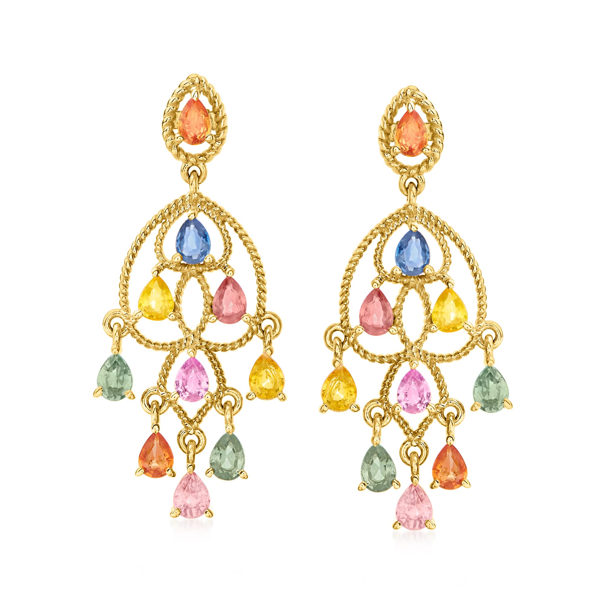 Ross-Simons 4.60 ct. t.w. Multicolored Sapphire Chandelier Drop Earrings in 18kt Gold Over Sterling
