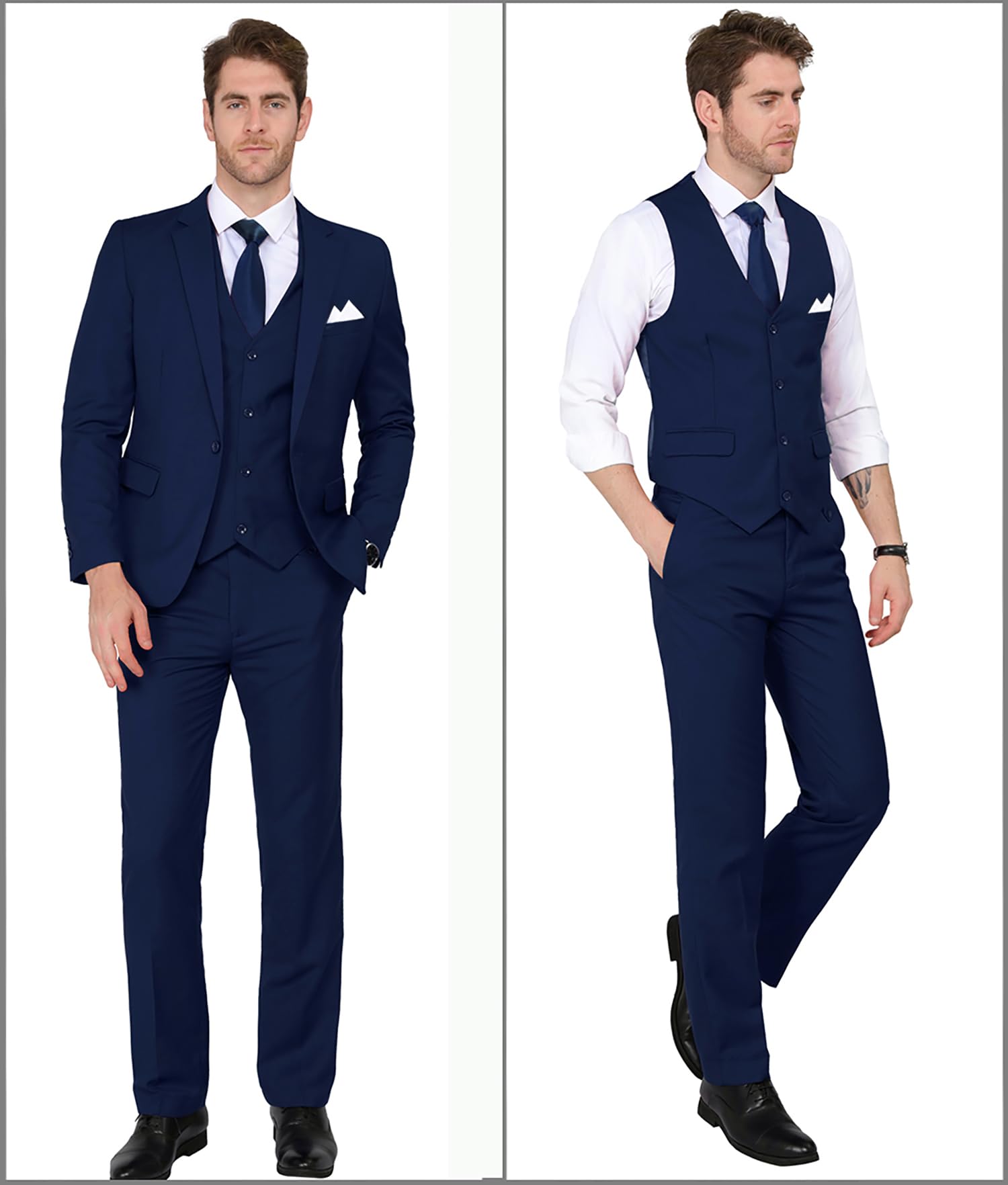 MAGE MALE Mens 3 Piece Suits Slim Fit Tuxedo Suit Set Soild Prom Wedding Suits One Button Blazer Vest Pants Set with Bow Tie Navy Blue
