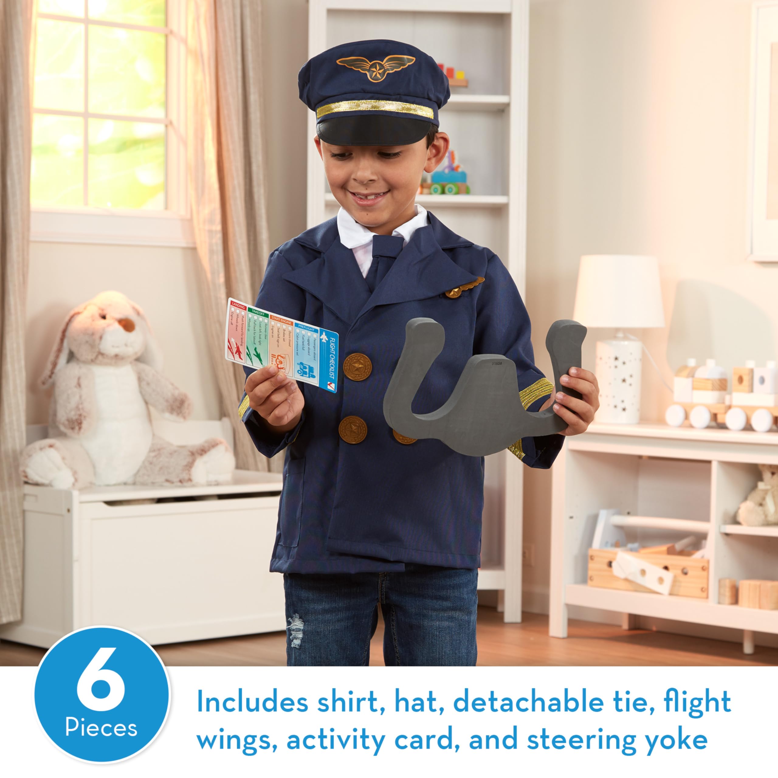 Melissa & Doug Pilot Role Play Costume Set (6 pcs) - Jacket, Tie, Hat, Wings, Steering Yoke, Checklist