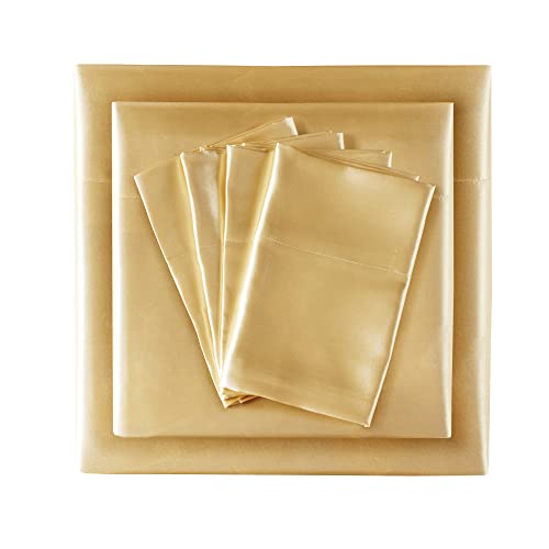 Madison Park Essentials Satin Sheets Queen Size, Luxurious Silky Satin Bed Sheets, Elastic 14" Pocket fits up to 16" Mattress, Wrinkle-Free, Soft Satin Bed Sheet Set, Gold 6 Piece