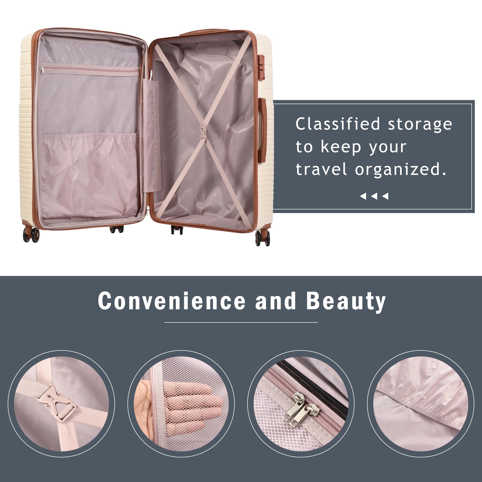 Merax Luggage Sets 3 Piece Suitcases Set ABS Expandable 8 Wheels Spinner Suitcase, TSA Lock Travel Luggage For Man And Women (Cream Brown)