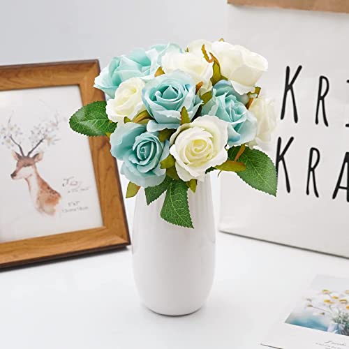 LIUCOGXI 12 Heads Artificial Silk Rose Flowers Bouquet White&Blue for Wedding Party Home Decor