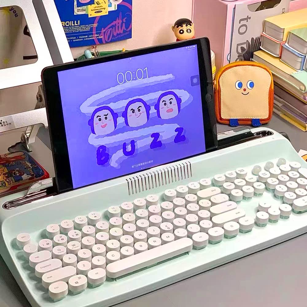 TISHLED Typewriter Keyboard Wireless Bluetooth 5.0 Retro Aesthetic Cute Kawaii Round Keycaps 106-Key with Num Pad Clicky Mechanical Feeling with Phone Holder for Windows/Mac OS/Android/iOS (Mint)