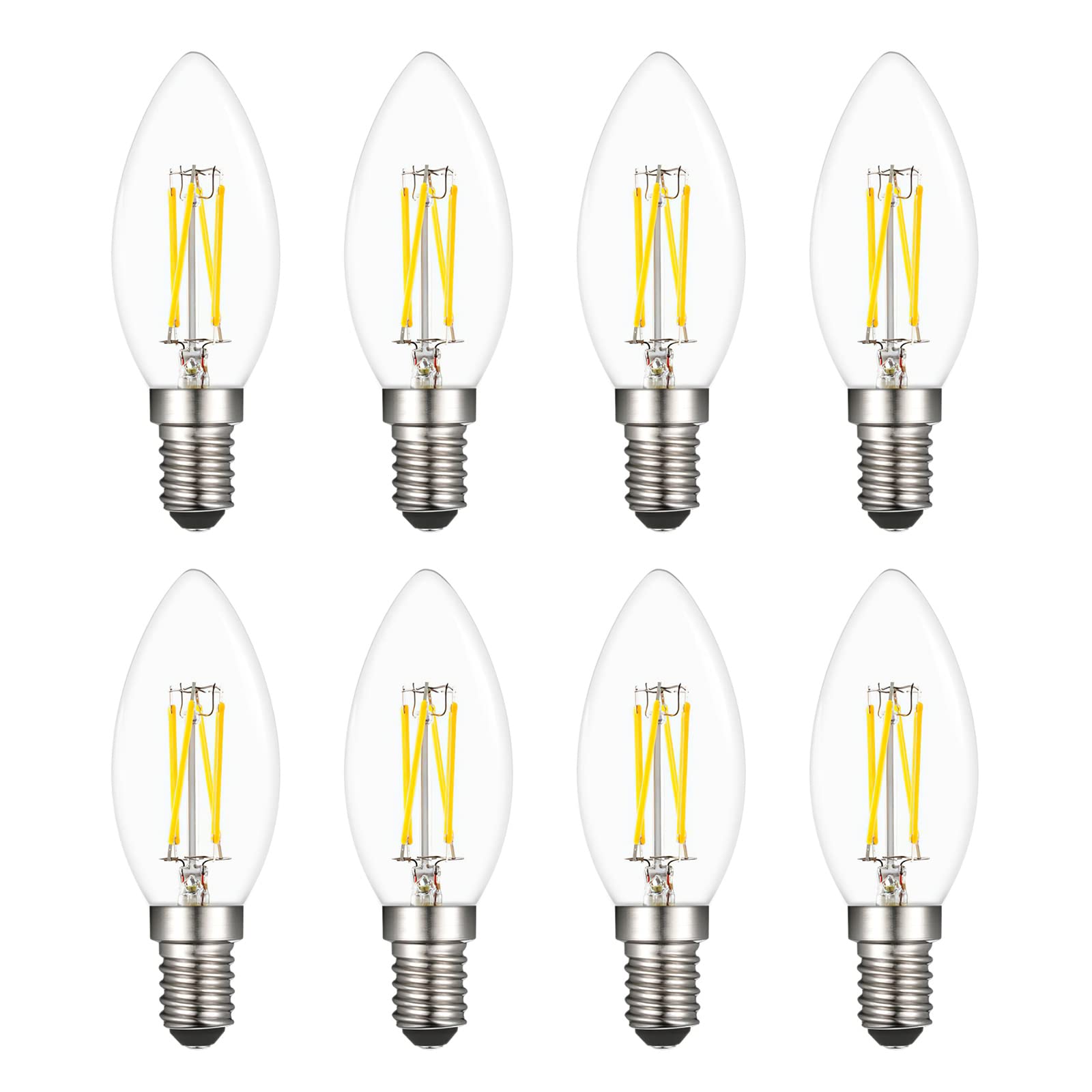 PRIFOREST E14 Dimmable LED Bulb , 40-Watt, 2700K, 110V-120V Equivalent Edison Daylight Warm E14 Base Bulbs, C35 Clear Glass Torpedo Shape Bullet Top (8-Pack)