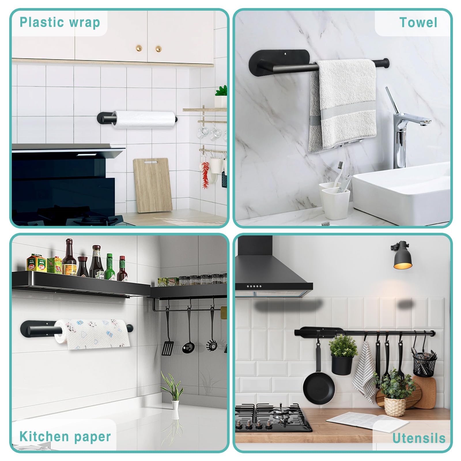 Paper Towel Holder, Self Adhesive or Drilling Paper Towel Holder Under Cabinet, Stainless Steel Black Paper Towel Holder Wall Mount for Kitchen, Bathroom, Sink, Pantry, Fridge