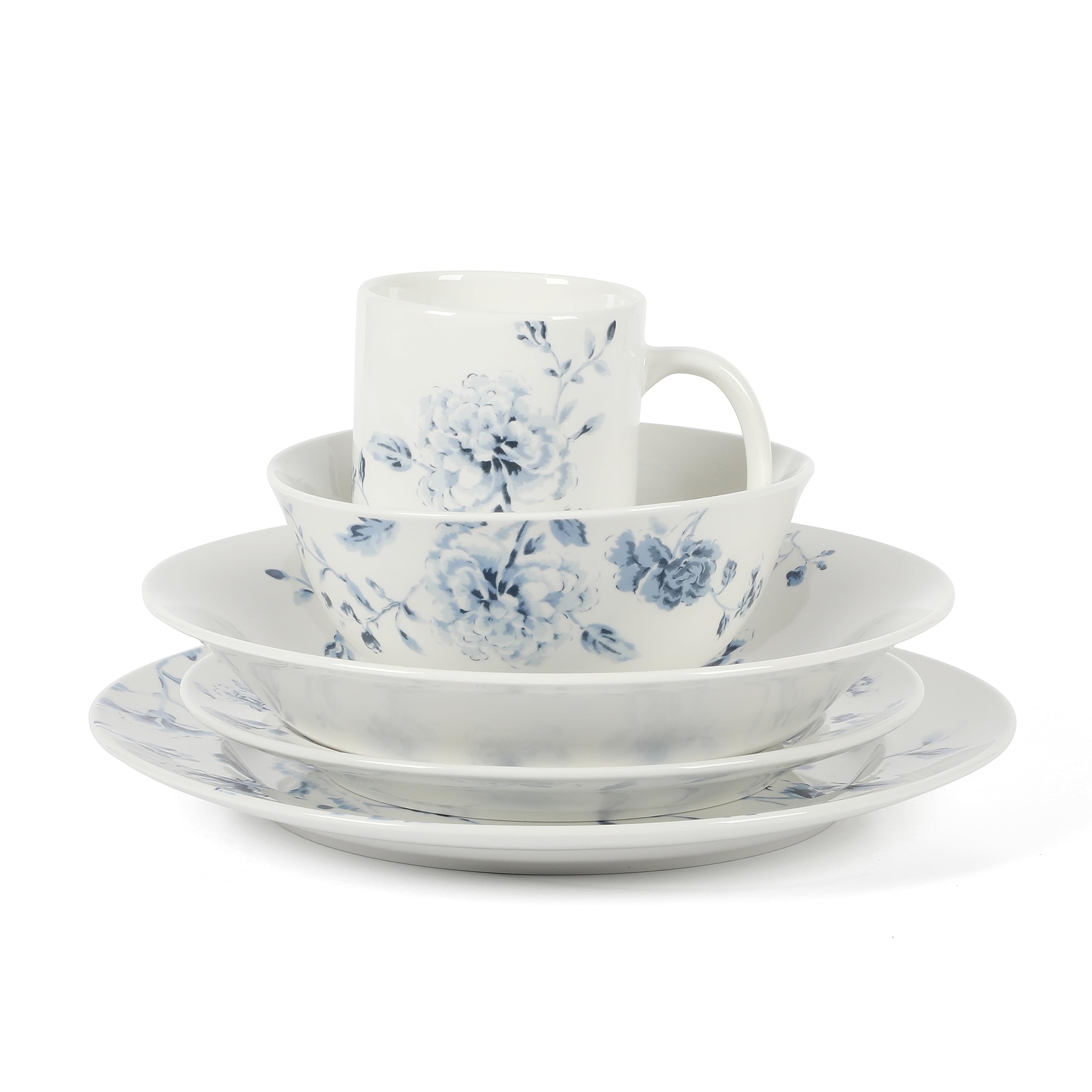 Martha Stewart Empress Bouquet Decorated Porcelain Dinnerware Plates and Bowls Set - Blue Floral, Service for 6 (30pcs)