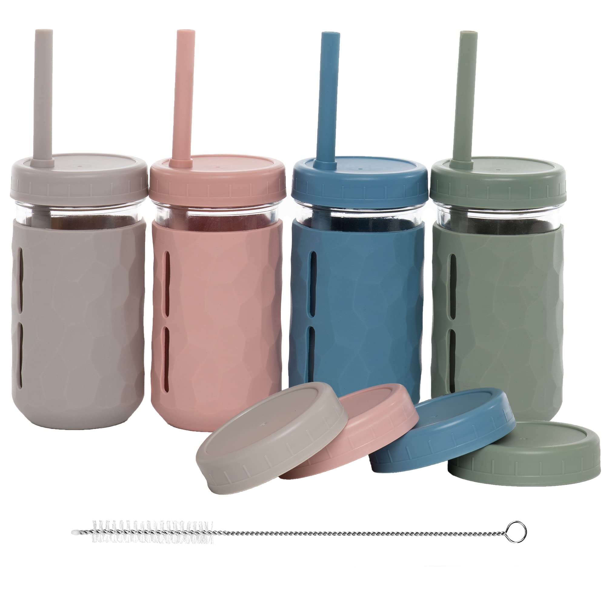 WeeSprout Glass Cups With Lids & Straws, Spill-resistant Cups for Toddlers & Kids, Triple as Toddler Cups, Baby Food Storage & Snack Jars, XL Silicone Straws, Easy-grip Sleeves, Set of four 12 oz jars
