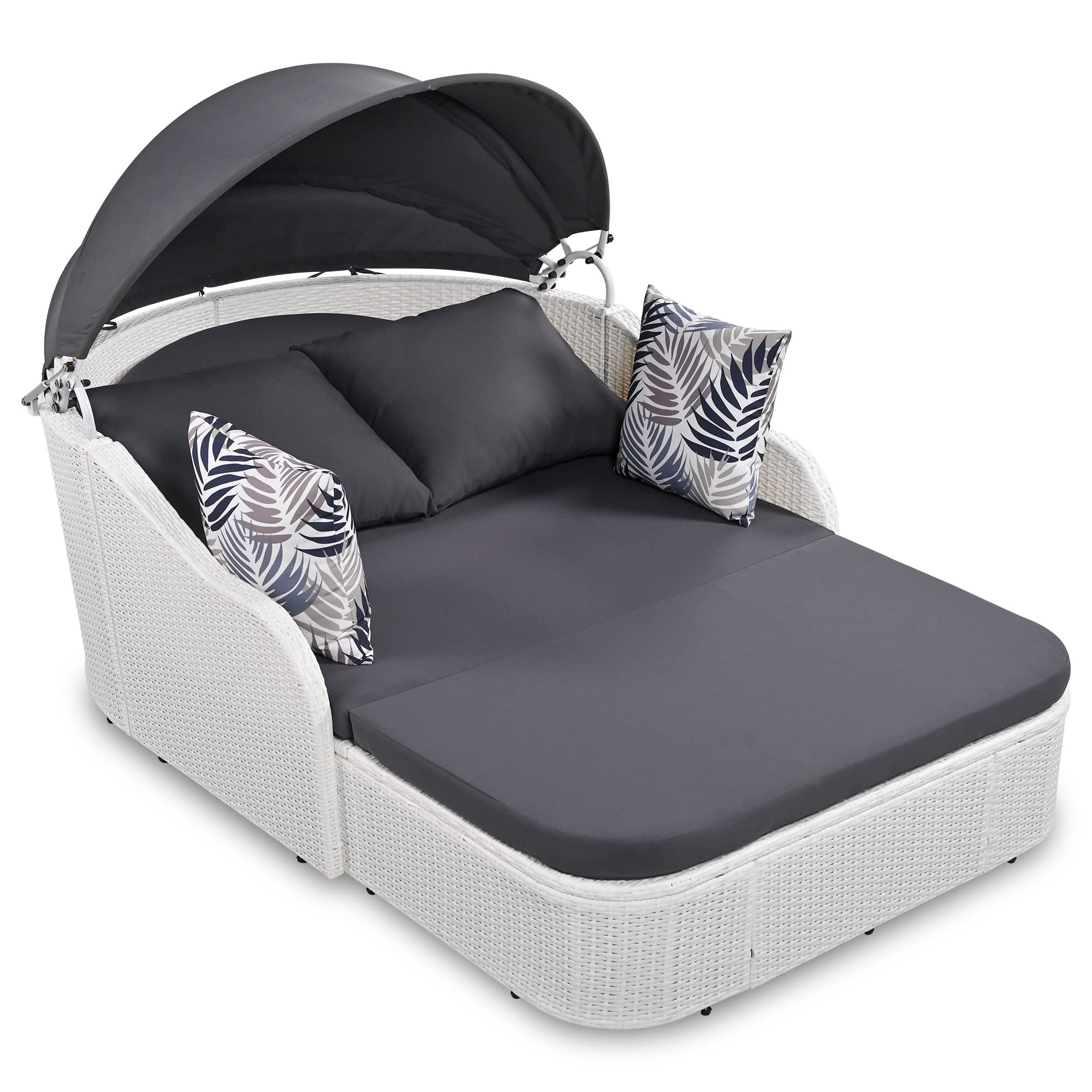Merax Patio Furniture Sets, Outdoor Sunbed with Adjustable Canopy, Double Lounge, PE Rattan Daybed, White+Gray