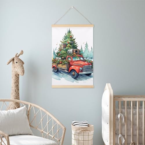 Magnetic Poster Hanger Frame, Red Truck Light Wooden Magnet Frame Hanger for Posters, Prints, Photos, Pictures, Maps, Scrolls, And Canvas Artwork, Xmas Tree Wall Hanging Kit