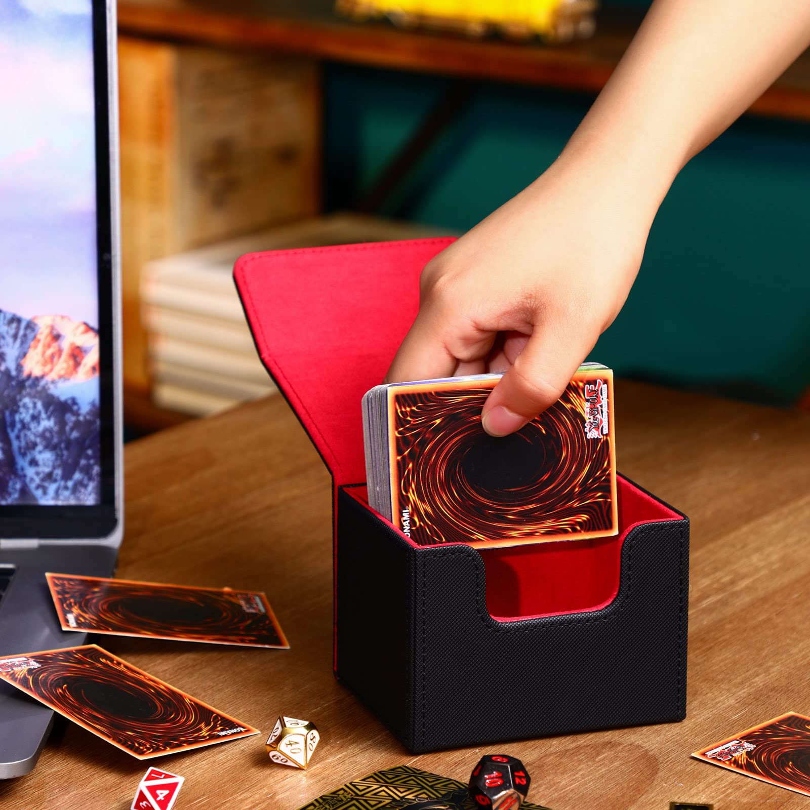 Weewooday 3 Pieces Leather Deck Card Boxes Cards Deck Game Box for 100 Plus Cards Compatible with MTG (Yellow, Black Red, Purple, Horizontal)