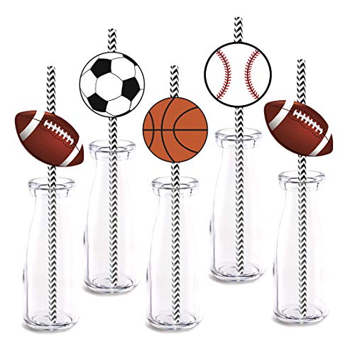 Sports straw Decor, 24-Pack Soccer Football Baseball Basketball Birthday Party Supply Decorations, Paper Decorative Straws