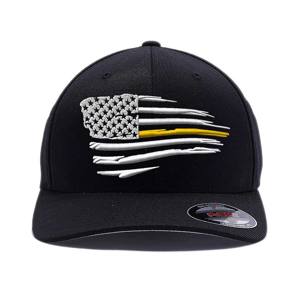 Thin Red Line and Thin Blue line Waving USA Flag. Embroidered, Flex fit 6280 Wooly Combed Twill Cap hat (Black - Blue Line, S/M)