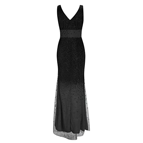 Side Split Mermaid Maxi Dress for Women Solid Color Tank Dress V-Neck High Waist Sequin Evening Dress