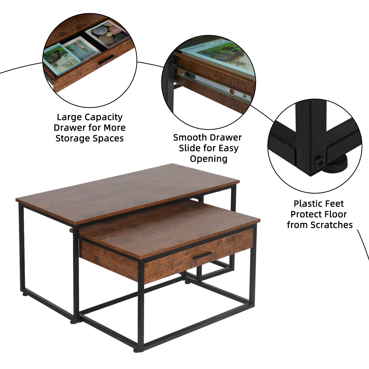 Nesting Coffee Table Set of 2 for Living Room, Sofa Side Rectangular Stacking Table with Large Capacity Sliding Rails Drawer, Home Office Furniture 42'' L X 19'' W X 19'' H