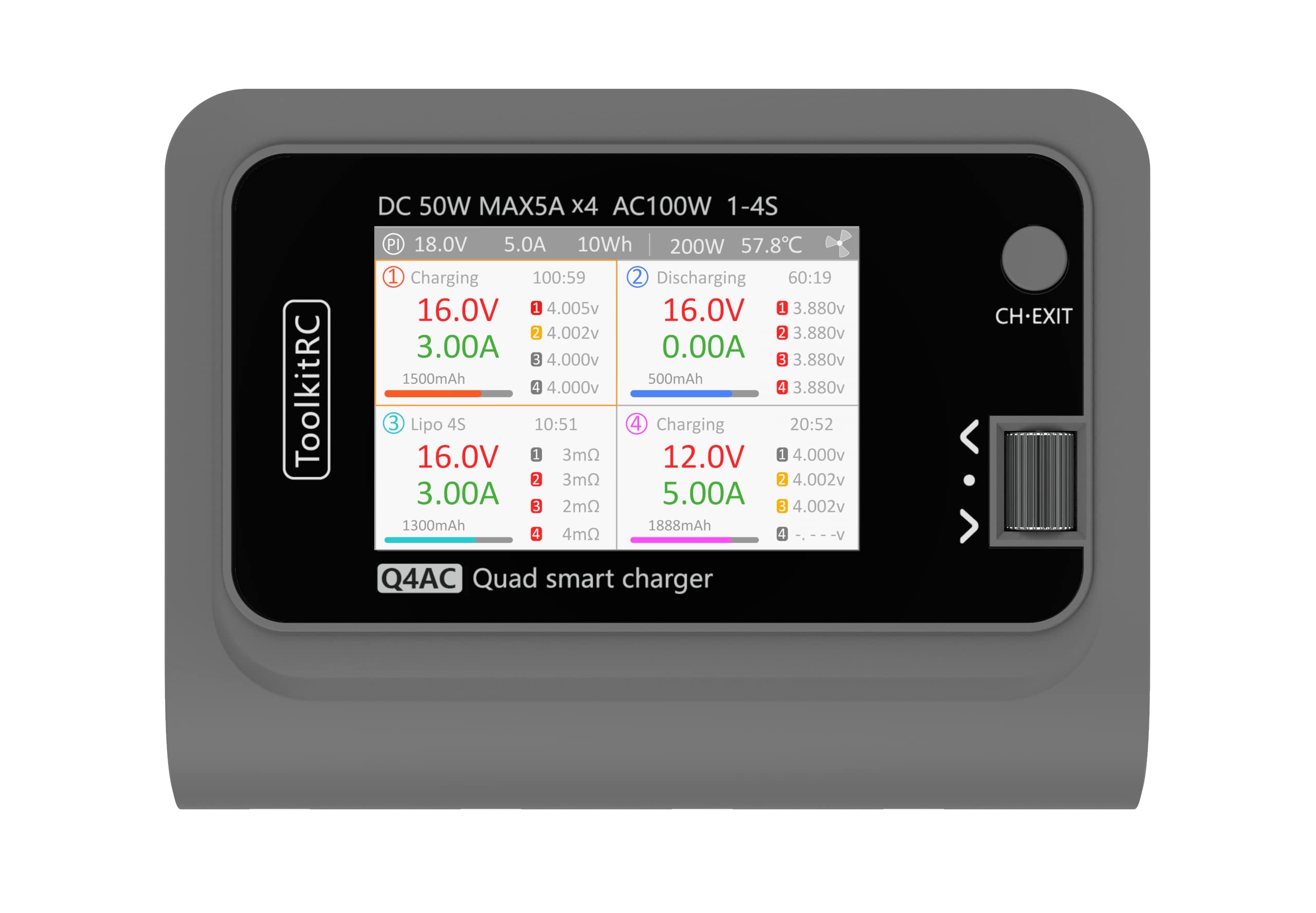 ToolkitRC Q4AC XT60 Adapters IPS Bright with Clear Wide Angle Display 4x50w 5A AC 100W 4 Port DC Smart Discharger US Plug