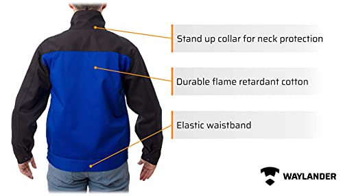 Waylander Flame Resistant FR Cotton Welding Jacket with Snap Button Front and Wrist Closures - Black/Blue (MEDIUM)