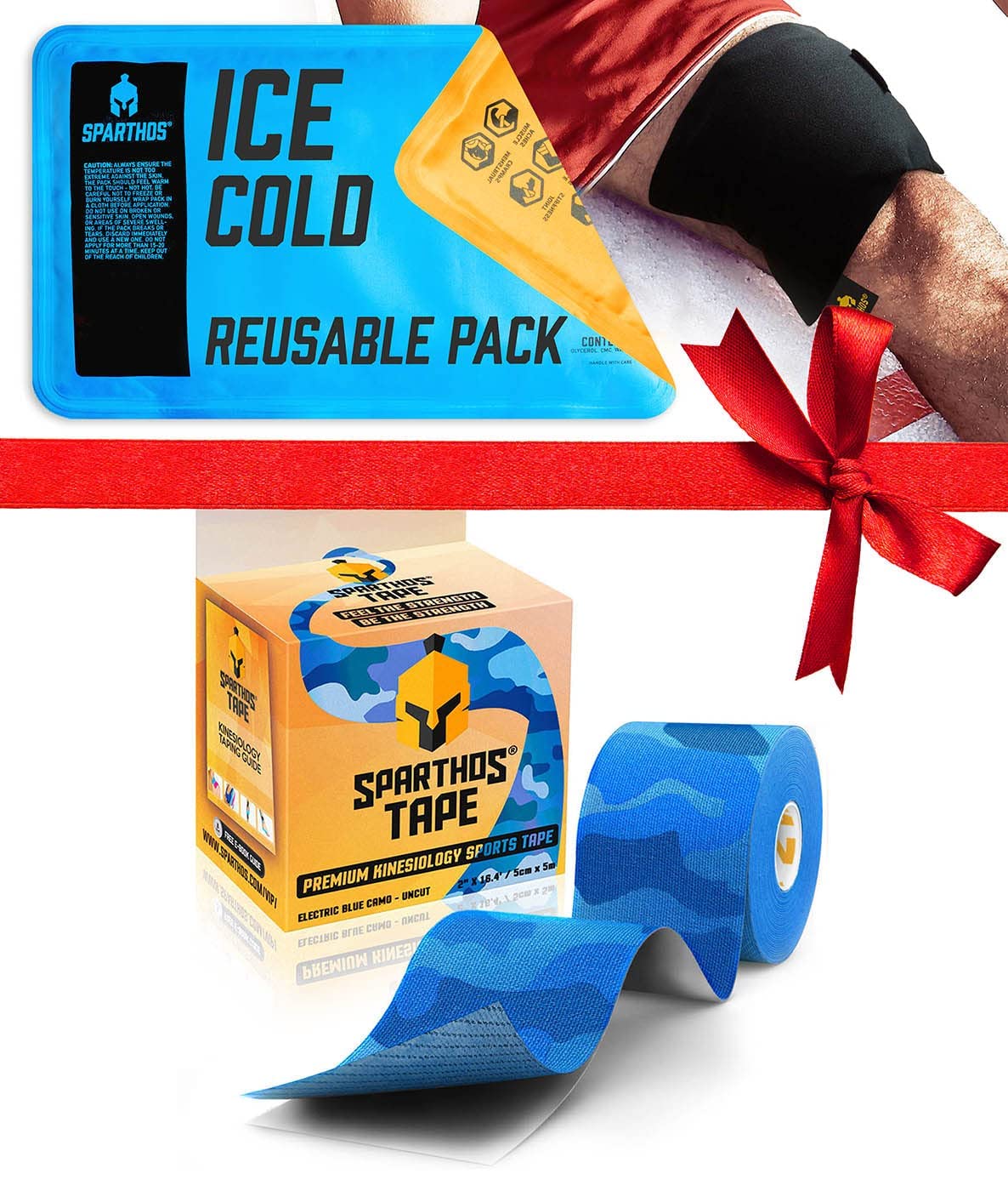 Sparthos Kinesiology Tape [Electric Blue Camo - 16.4ft Uncut Roll] x Ice Packs for Injuries [Size Medium + Cover]