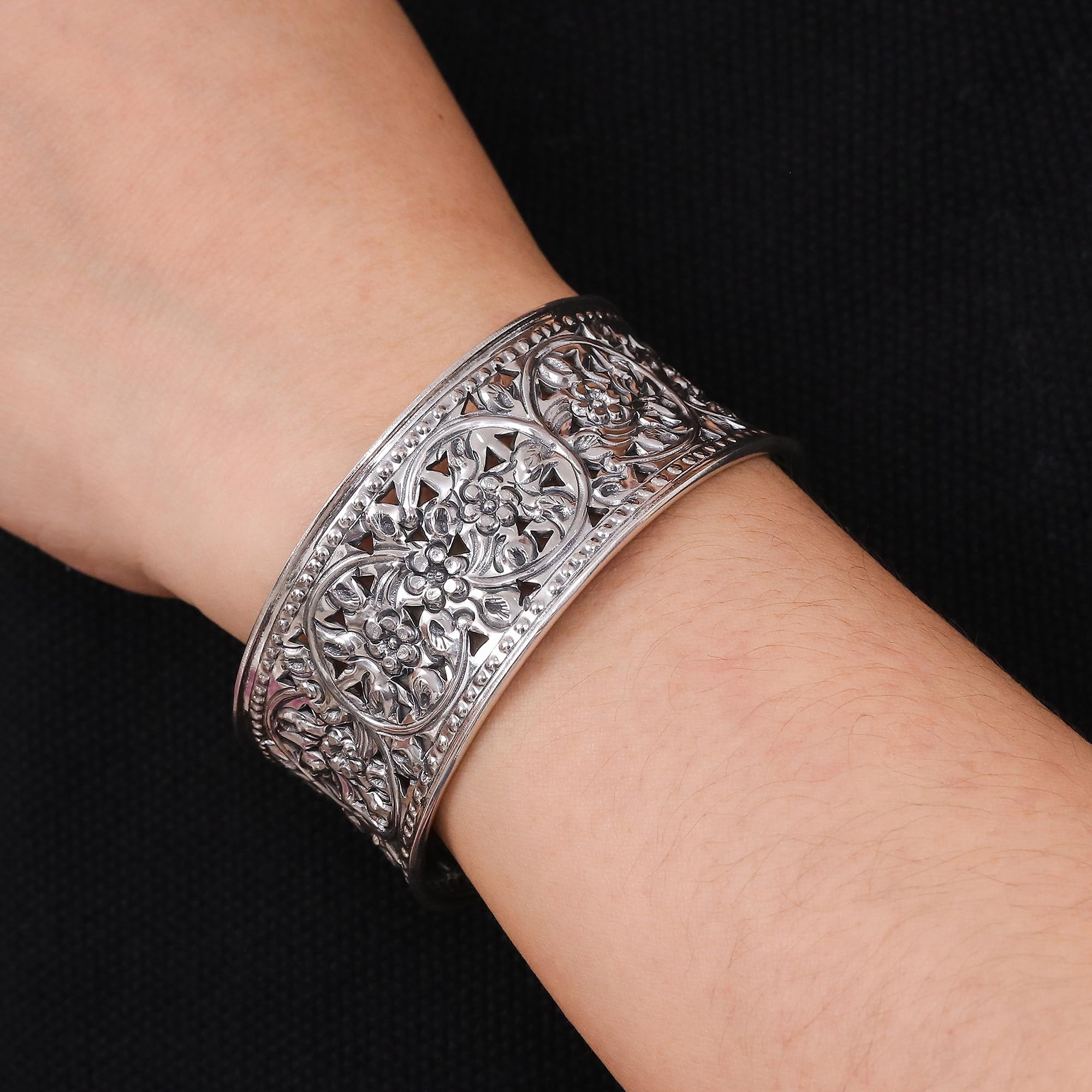 NOVICA Artisan Handmade Sterling Silver Cuff Bracelet Floral No Stone Thailand [6.25 in L (end to End) x 1.1 in W] ' Renewal'