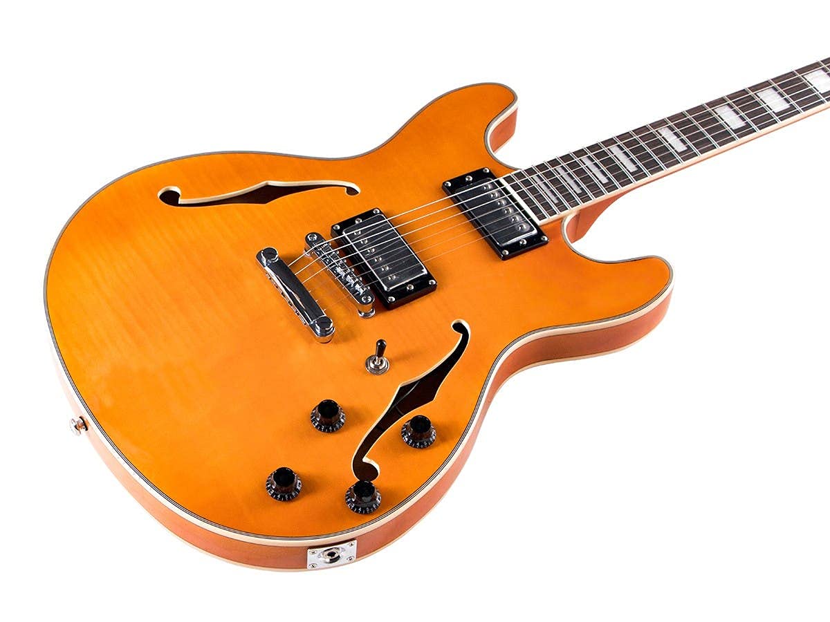 Monoprice 6 String Semi-Hollow-Body Electric Guitar, Right, Orange (610924)