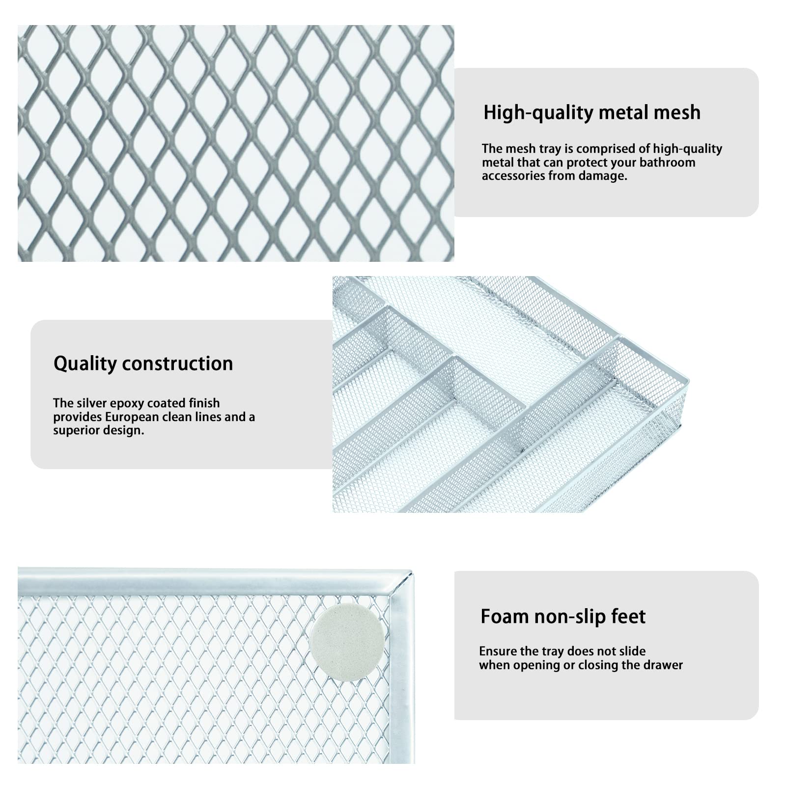 Neudeco Silverware Drawer Organizer Holder, Cutlery Tray Silverware Flatware Storage Divider for Kitchen, Bedroom, Living Room,Mesh Wire with Non-slip foam Feet, 5 Compoment（ Silver）