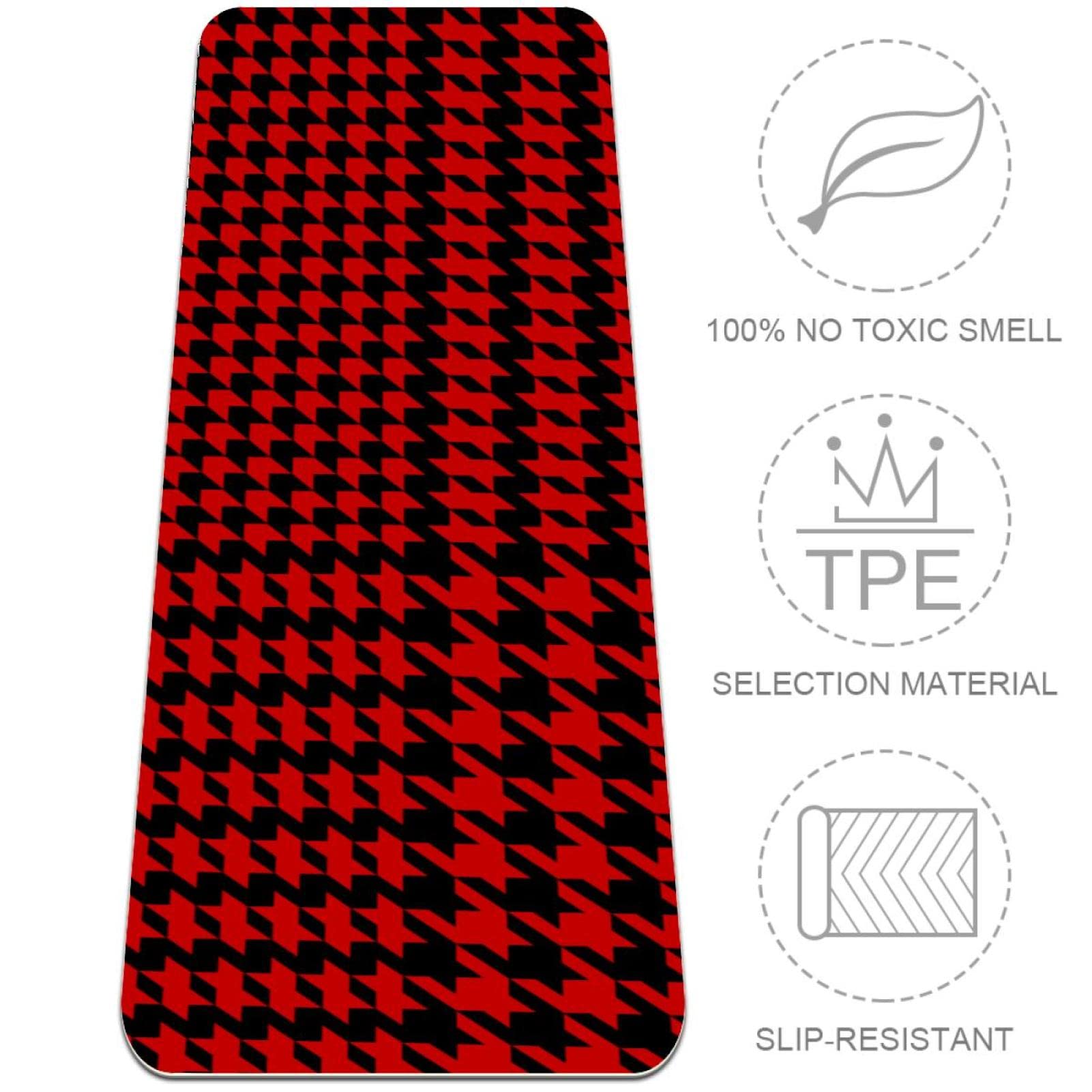 Yoga Mat, Yoga Mats for Home Workout, Workout Mat, Exercise Mats, Pilates Mat, Rustic Black Red Houndstooth Check Plaid