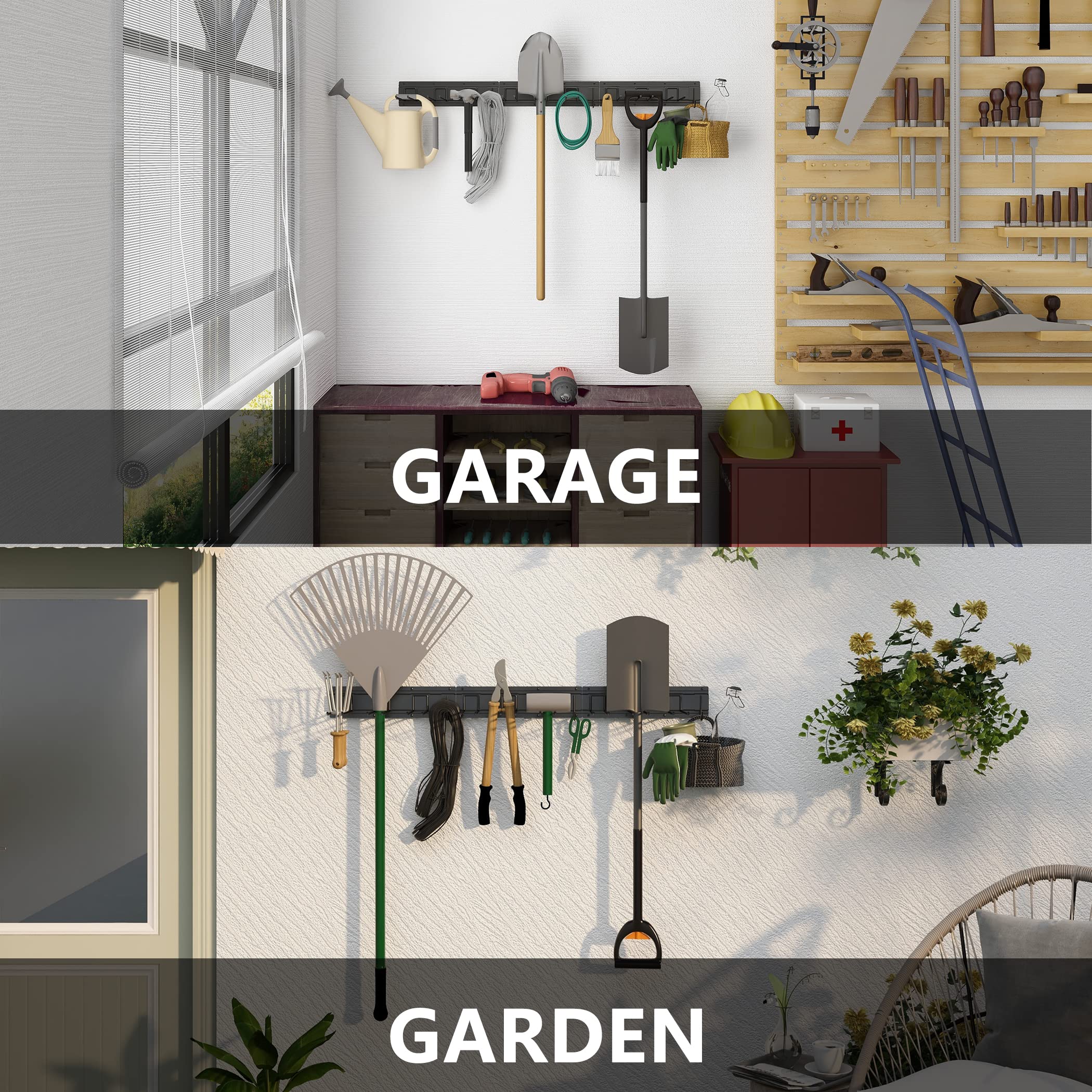 Yimeka Garage Wall Mount Storage Power Tool Organizer, 15 Piece Garden Tool Rack with 12 Adjustable Heavy Duty Storage Hooks, 48" Ladder Hanger, Max Load 300 lbs Shovel Rack Storage System for Yards