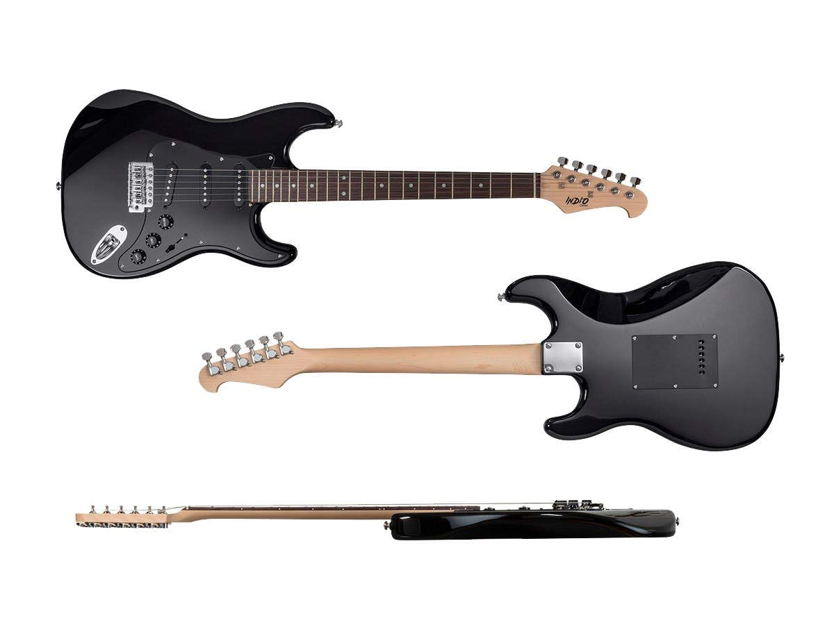 Monoprice Cali Classic Electric Guitar - Black, 6 Strings, Double-Cutaway Solid Body, Right Handed, SSS Pickups, Full-Range Tone, With Gig Bag, Perfect for Beginners - Indio Series