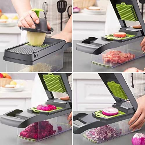 Vegetable Chopper,12-in-1 Multifunctional Veggie Chopper,Grey Kitchen Vegetable Slicer Dicer Cutter,Potato Onion Food Chopper with Vegetable Peeler,Hand Guard and Container
