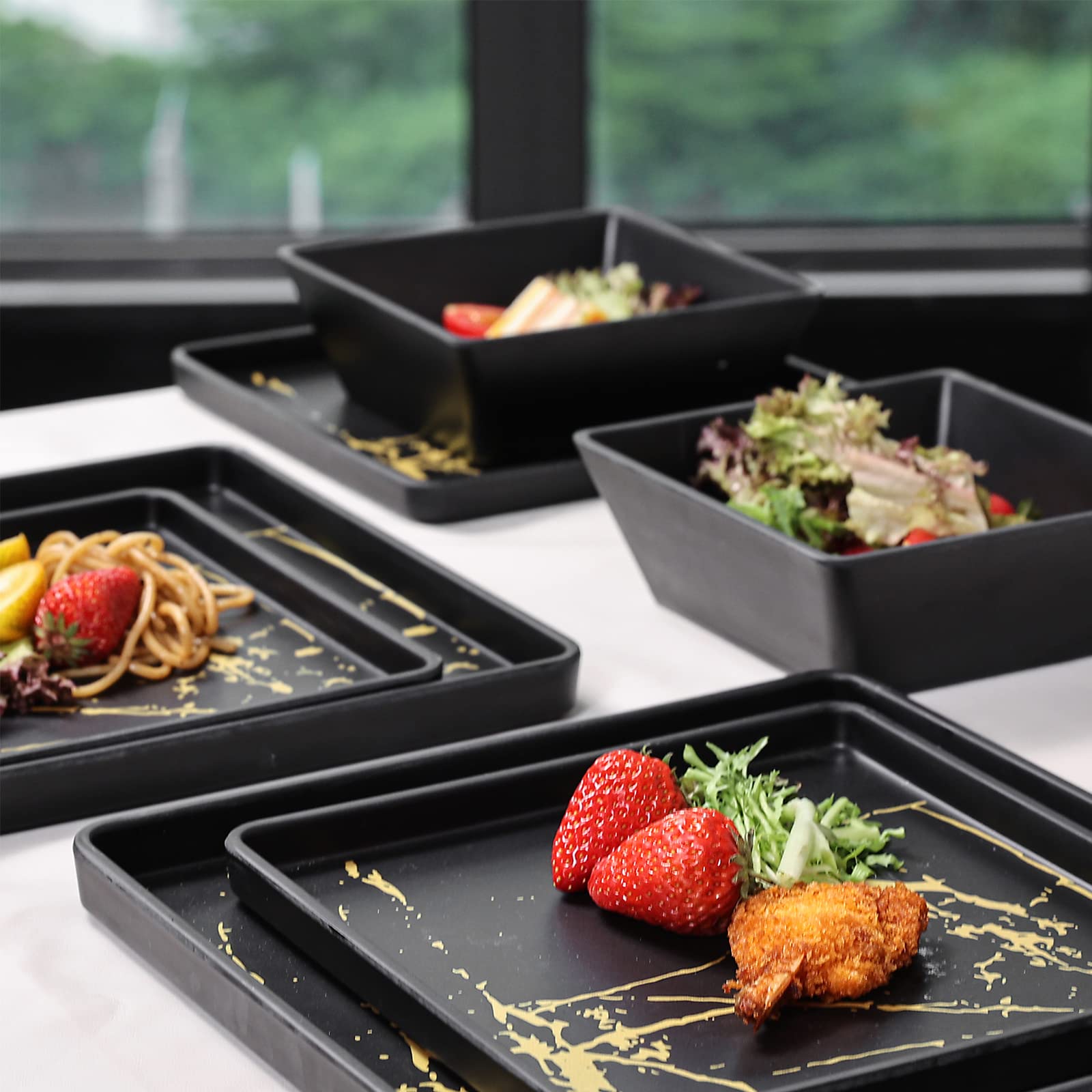 Melamine Dinnerware Sets - 12pcs Square Plates And Bowls Sets For Indoor/Outdoor Use, Dishwasher Safe,Service For 4, Black Gold