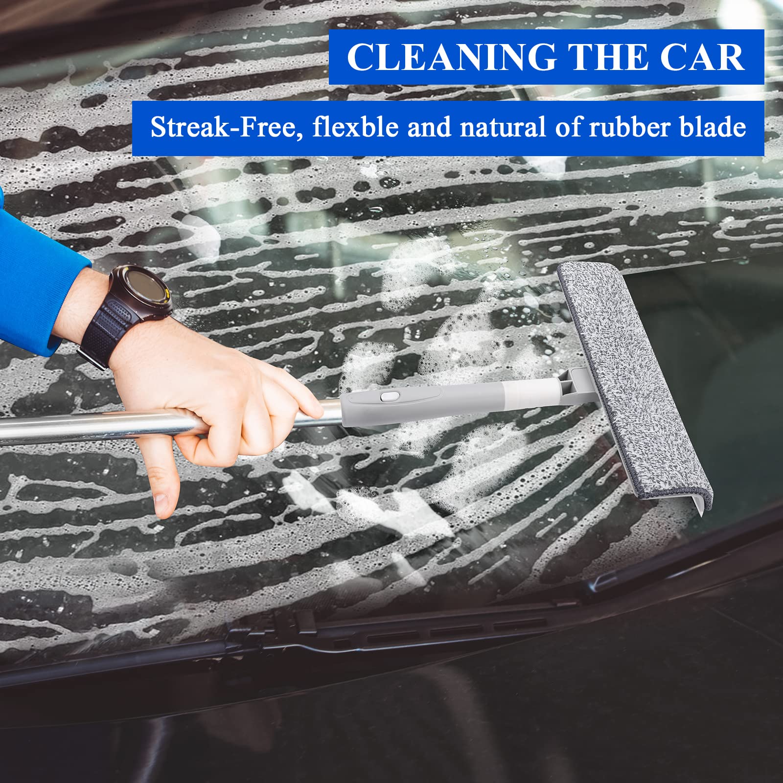 Window Squeegee Cleaner 2 in 1 Rotatable Window Cleaning Tool Kit with Extension Pole, Window Washing Equipment Includes 1 Dusting Attachments, for Indoor/Outdoor Car Glass, High Window Cleaning