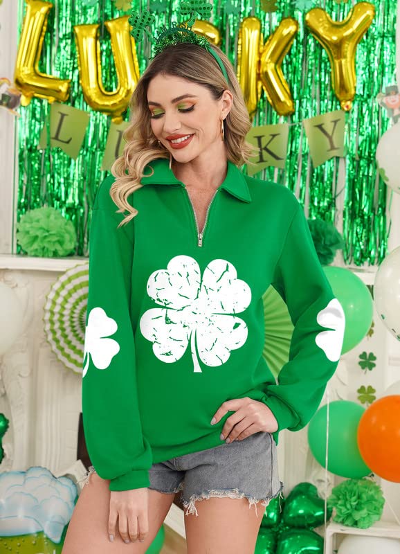 St Patricks Day Sweatshirt Women Long Sleeve Casual Half Zipper Sweatshirt Lapel Clover Pullover Tops Green XL