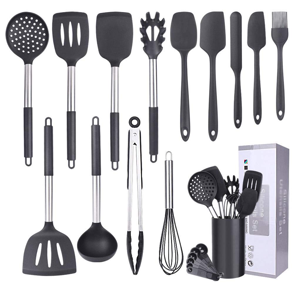 LMMDP 15 PCS Silicone Kitchen Cooking Utensil Set Non-stick Stainless Steel Handle Kitchenware Cookware Tools Set Spatula Shovel Spoon (Color : D)