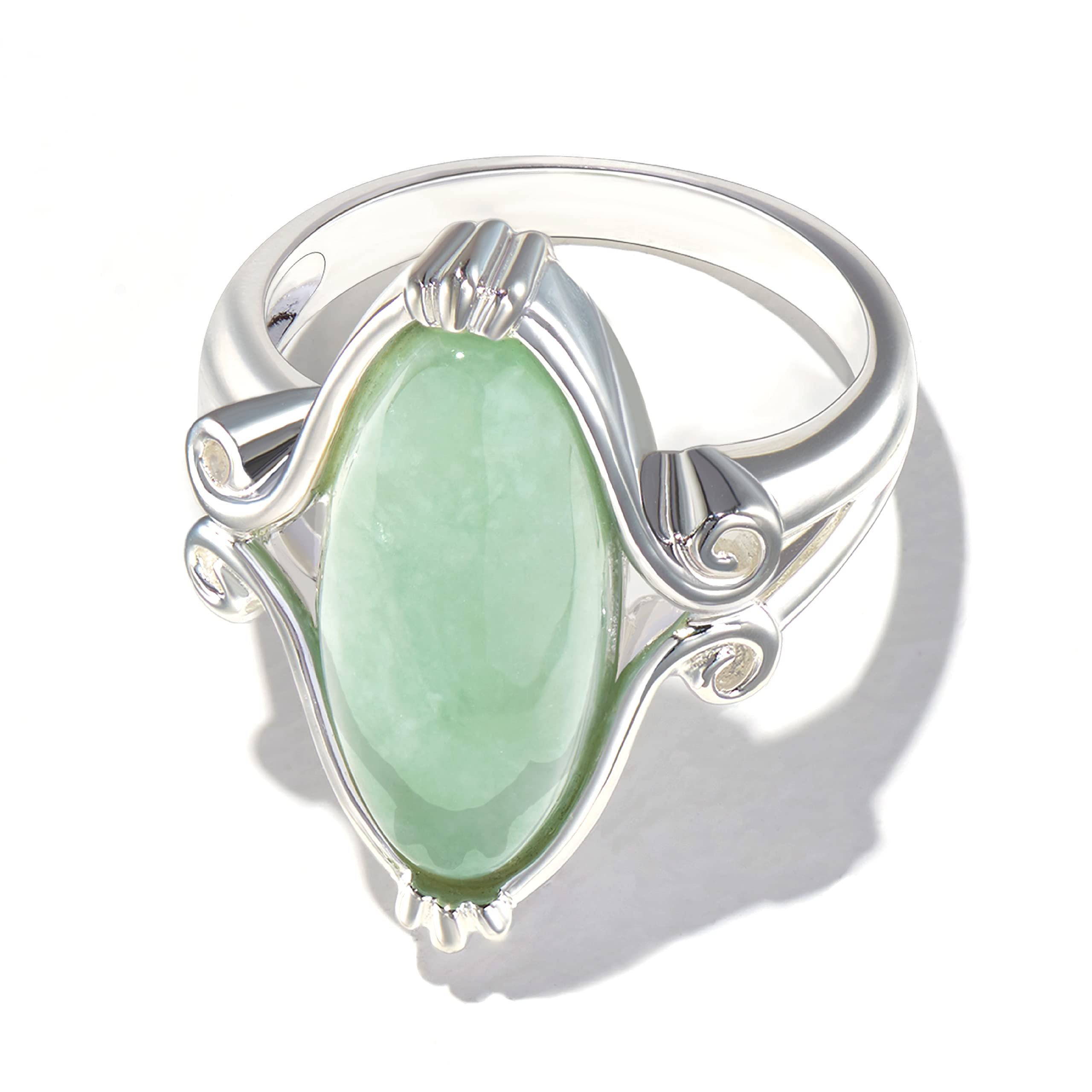 MORGAN & PAIGE Pale Green Jade Ring for Women, Vintage Oval Gemstone, Pure 925 Sterling Silver, Celtic Jewelry Scrollwork Setting