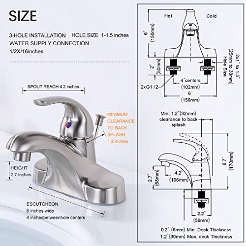 WOWOW Bathroom Faucet 1 Handle Low Arc Single Handle 4 inch Centerset Bathroom Sink Faucet with Pop Up Drain Assembly Basin Mixer Tap Brushed Nickel Vanity Faucets