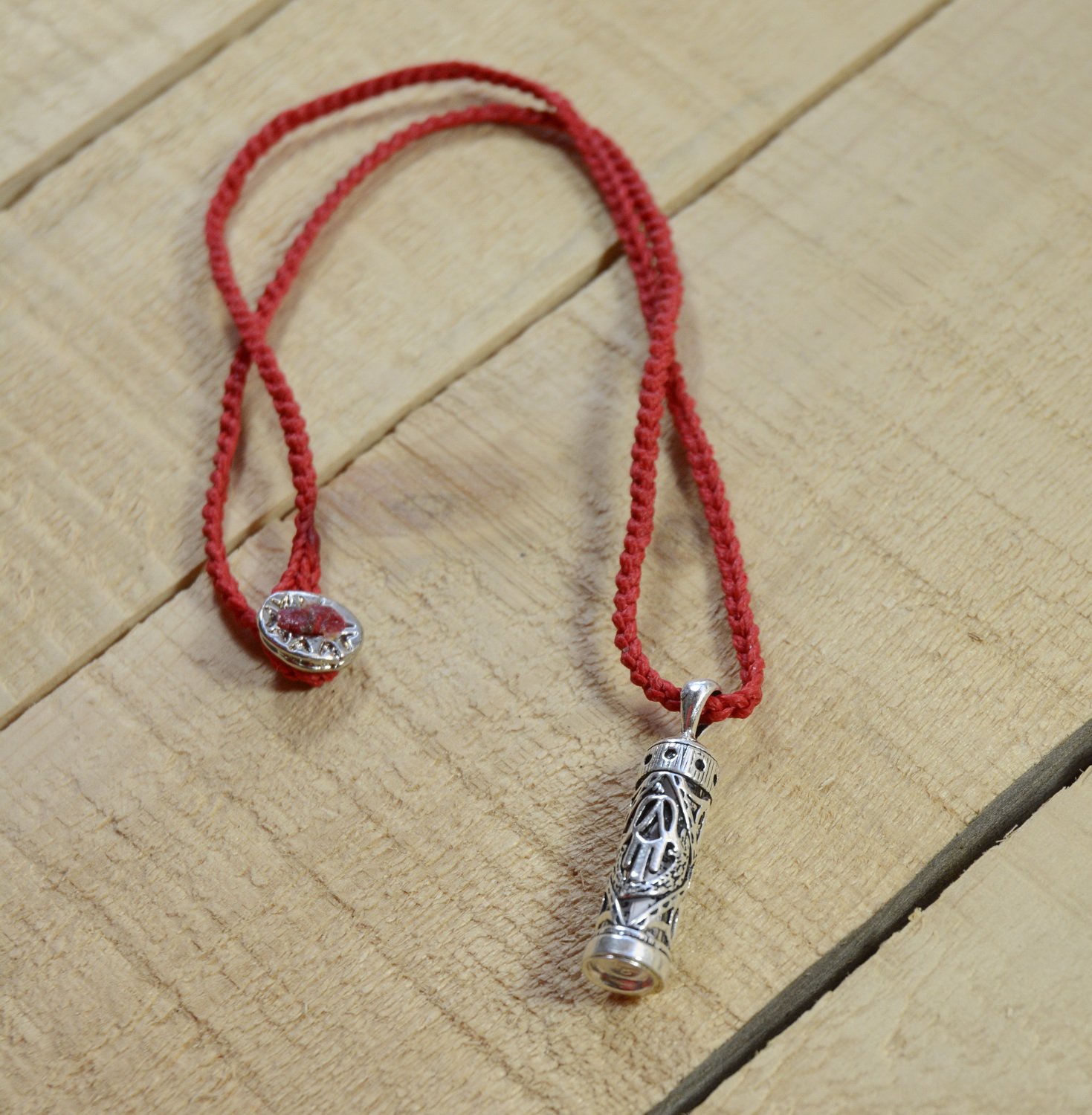 MIZZE Made for Luck Women's Traveler's Prayer in Sterling Silver Mezuzah Prayer Box on Red Knitted Necklace