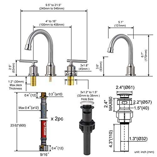 WOWOW Widespread Bathroom Faucet Brushed Nickel Bathroom Sink Faucet 8 inch Vanity Faucet 2 Handle 3 Holes Deck Mount Brass RV Bathroom Faucets with Drain