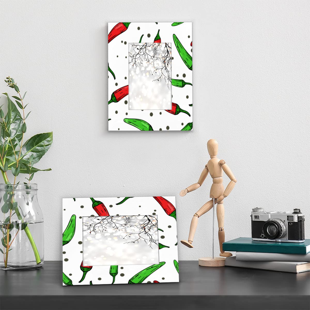Pardick Chilli Peppers 4x6 Picture Frame, Green Red Chilli Wooden Photo Frames for Tabletop and Wall Display, Picture Frame Home Office Decor