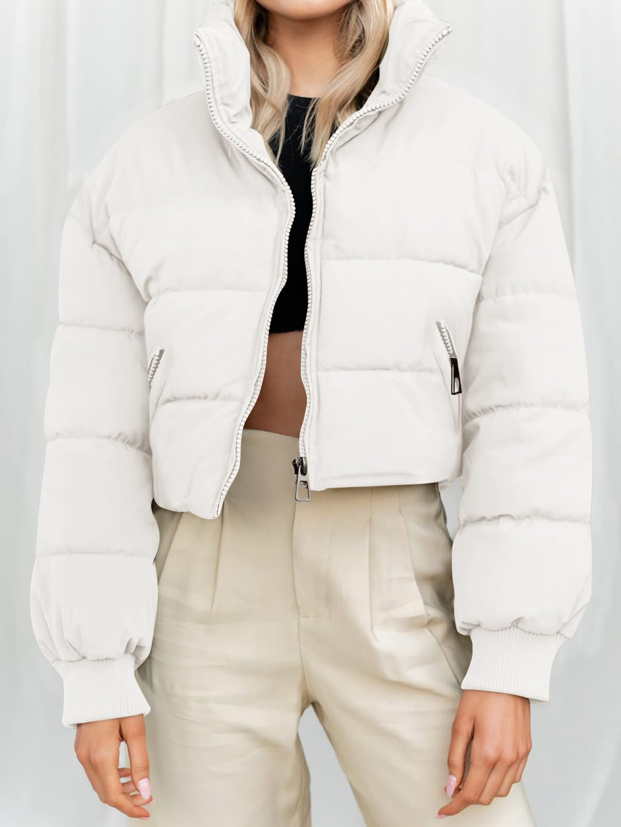 MEROKEETY Women's Winter Cropped Puffer Jacket Long Sleeve Oversized Stand Collar Zip-Up Short Down Coat