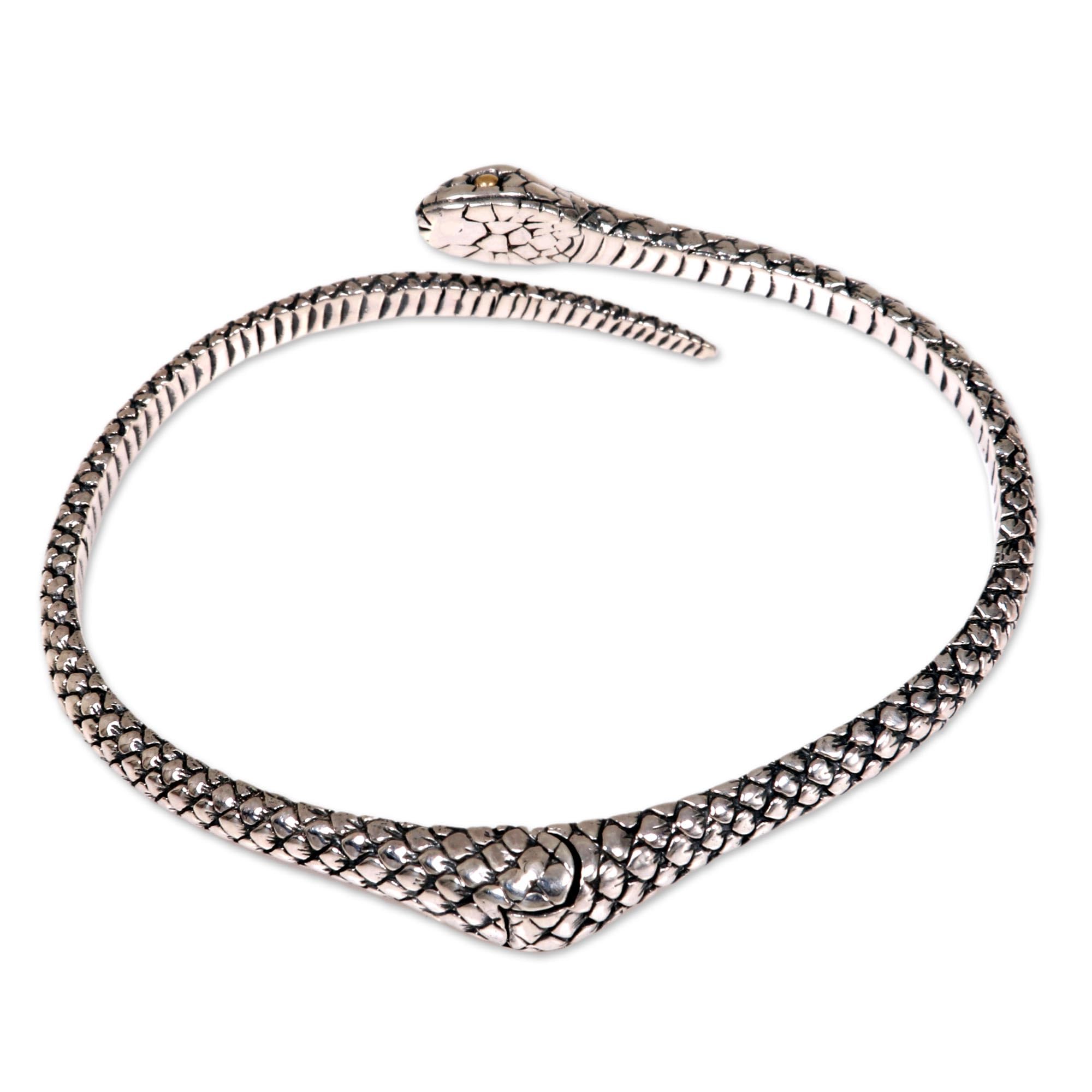 NOVICA Artisan Handmade 18k Gold Accent .925 Sterling Silver Bracelet Realistic Snake with Eyes Cuff Indonesia Animal Themed 'Earth Serpent'