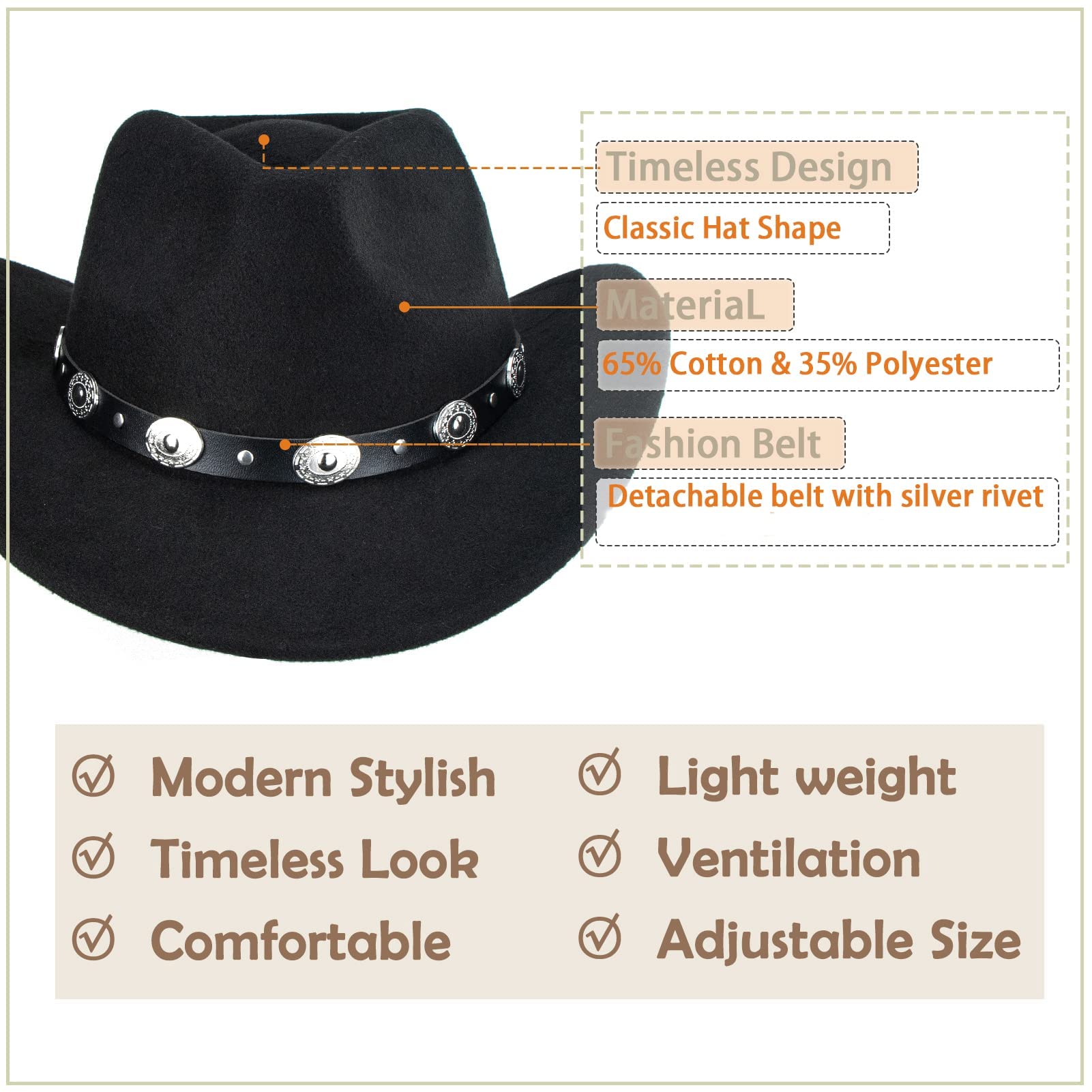 Utaly Womens Felt Western Cowboy Hats for Men Wide Brim Cowgirl Fedoras Hat with Belt Buckle