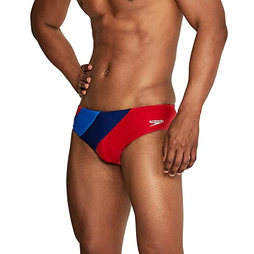 Speedo Men's Standard Swimsuit Brief PowerFlex Eco Solar, Block Red/White/Blue, 32