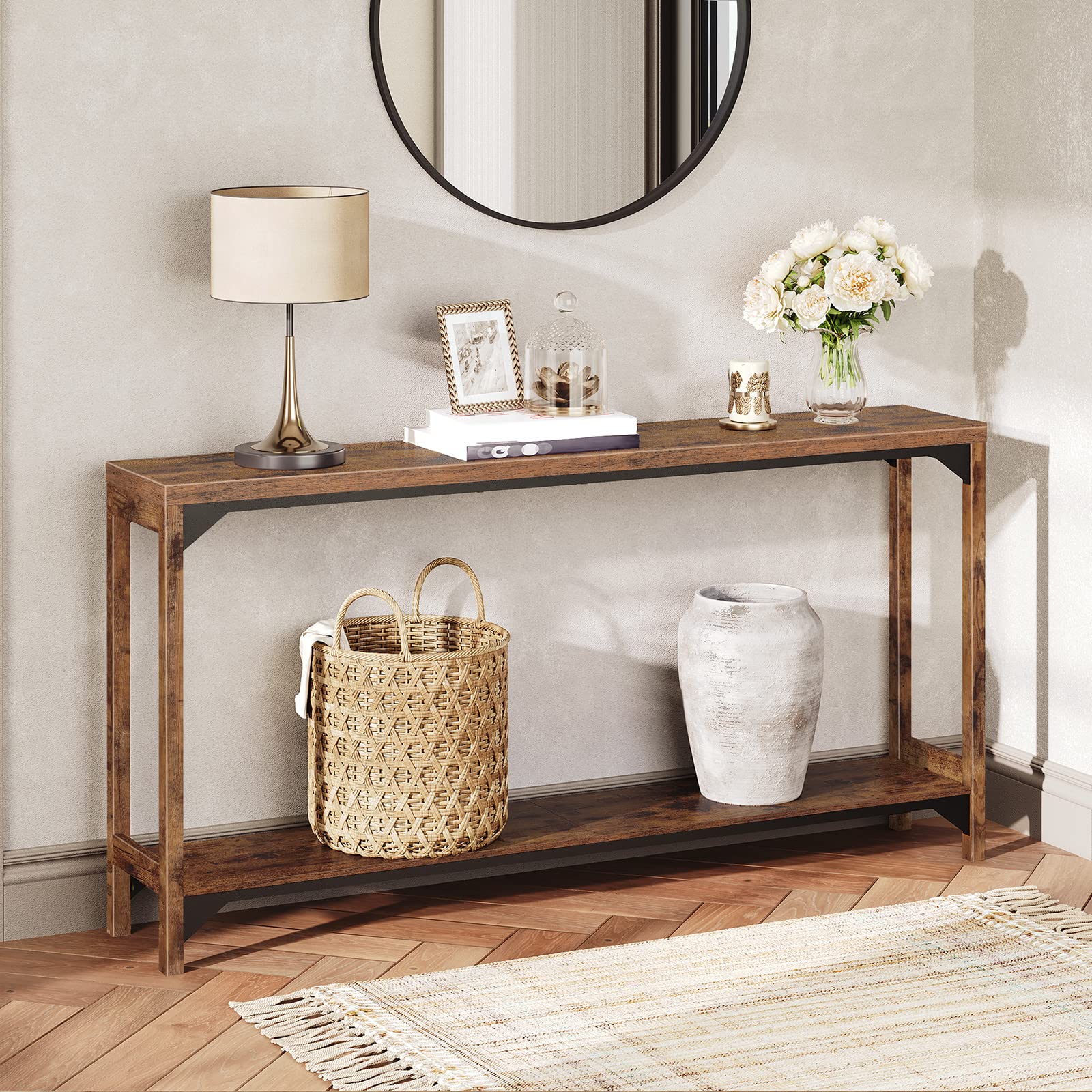 MAHANCRIS Sofa Table, 62.2" Console Table, Narrow Long Entryway Table, Industrial Hallway Table, 1.2" Thickened Top, Console Desk Table for Entryway, Living Room, Hallway, Rustic Brown CTHR25801