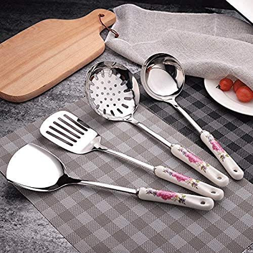 LMMDP 7pcs Ceramic Handles Cooking Tool Set Stainless Steel Kitchen Utensils Set of Cookers Stir-Fry Shovels Spoons Strainer Spatula
