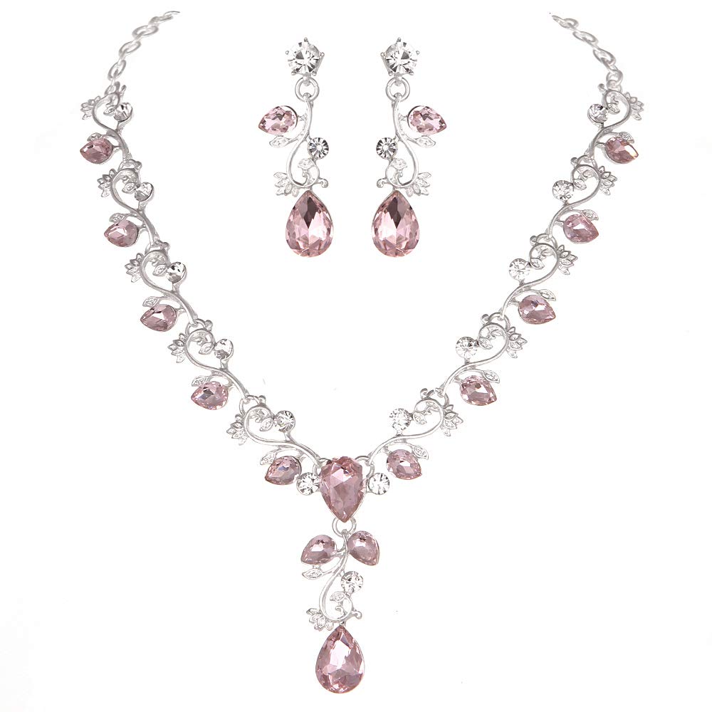 Molie Leaf Vine Crystal Necklace Earrings Jewelry Set for Bridesmaids V-Neck Formal Evening Dress (Pink)