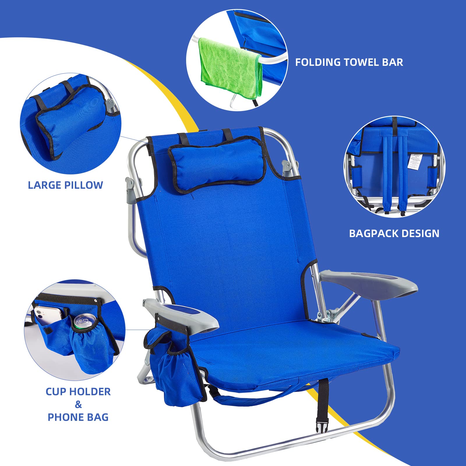 ROWHY Backpack Beach Chair for Adults with Cooler Pouch Portable Lightweight Beach Chair Cup Holder Lay Flat Position and Extra Storage Low Camping Chair Support 300lb, Royal Blue