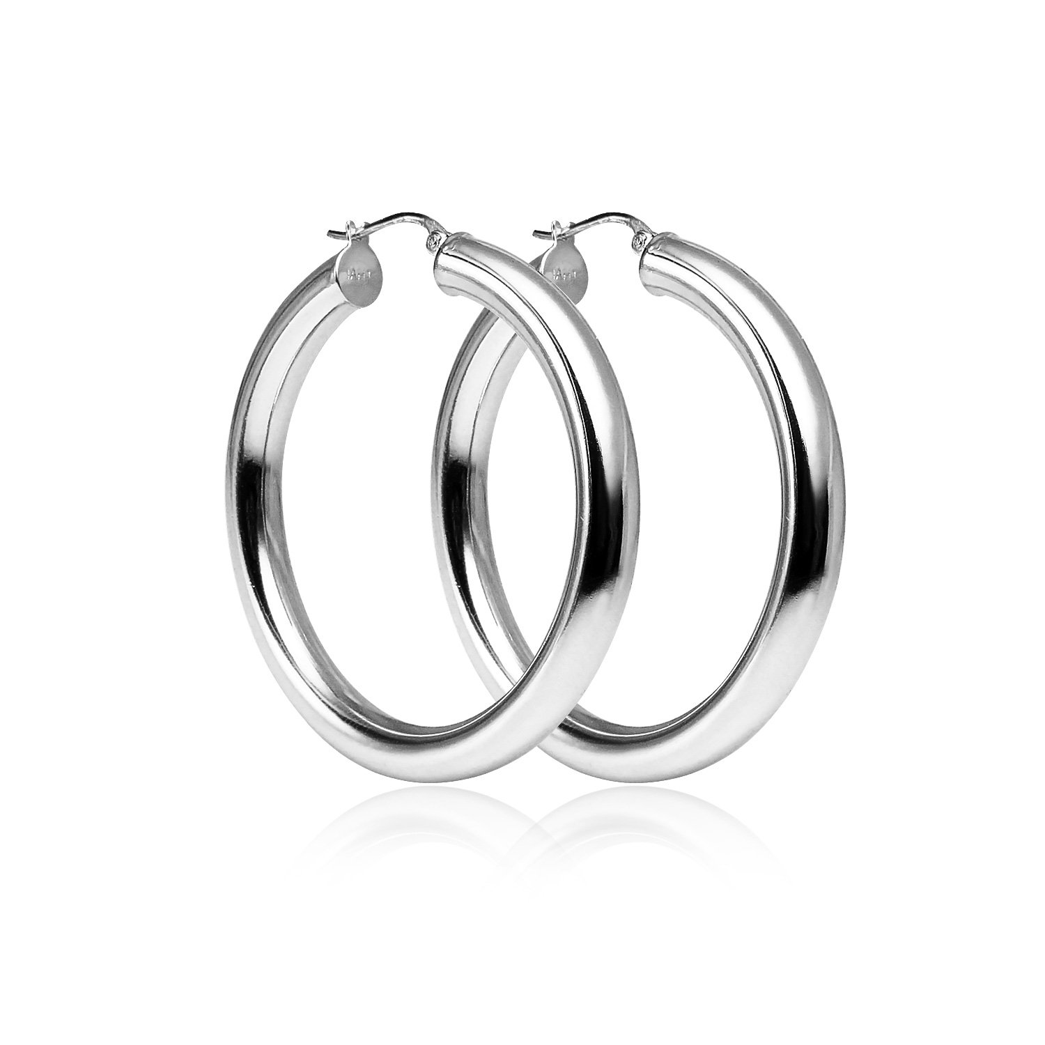 LOVVE Sterling Silver High Polished Round-Tube Click-Top Chunky Thick Hoop Earrings, 5x40mm