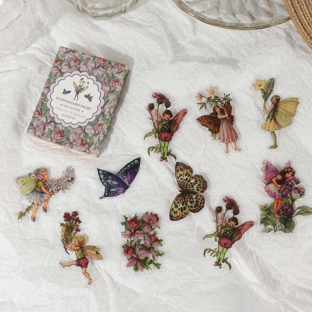 WEISHA Stickers 45Pcs/Box Fairy Butterfly PET Stickers Vintage Flower Elfin Decorative Label for Scrapbooking Journal DIY Stationery Stickers(7)