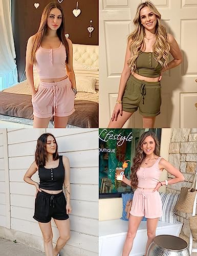 MEROKEETY Women's Summer Ribbed Pajama Set Tank Top and Shorts Sleeveless Lounge Sets Outfits with Pockets Beige