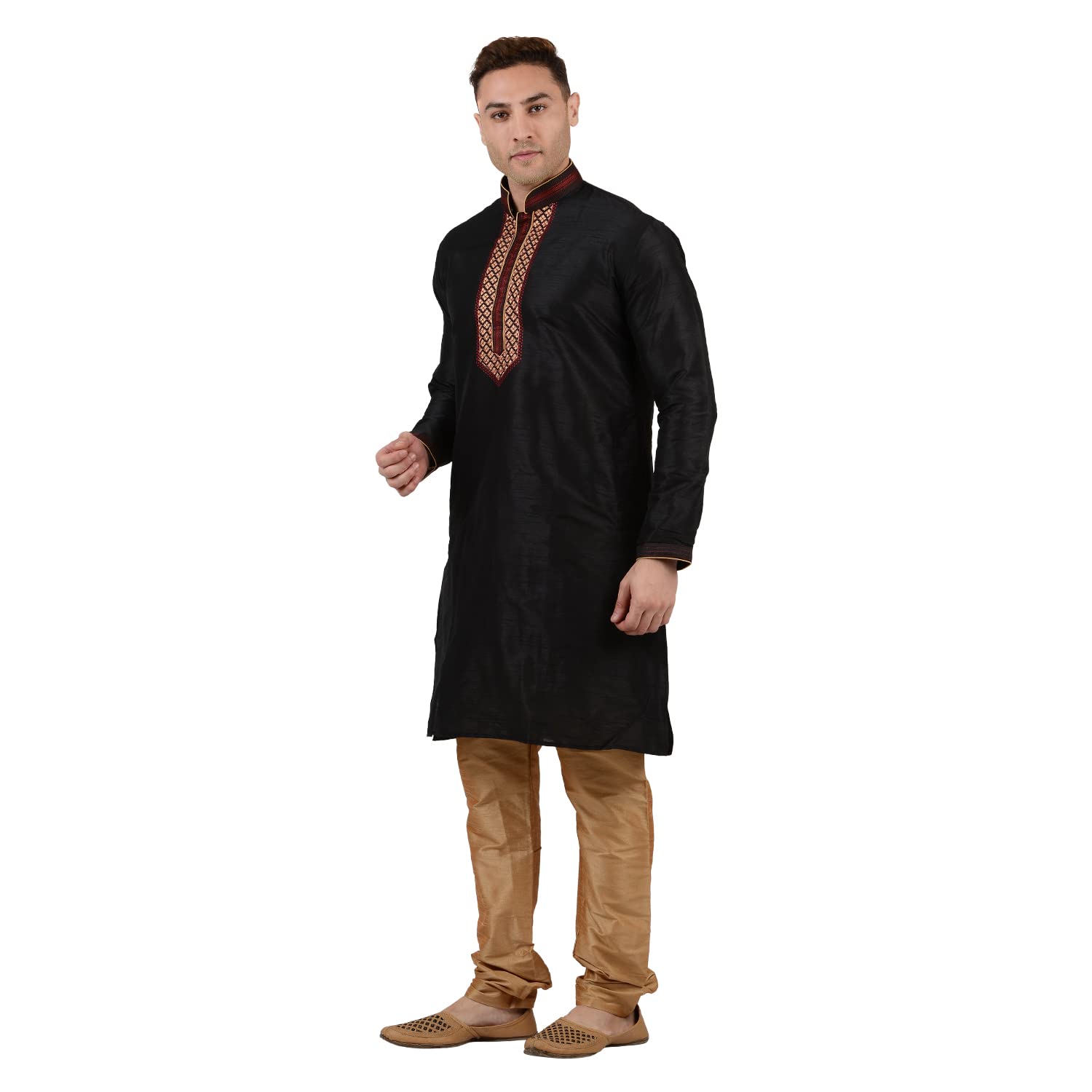 Maharaja Traditional Indian Art Silk Embroidered Kurta Pyjama Set in Black for Men[MSKP017-42]