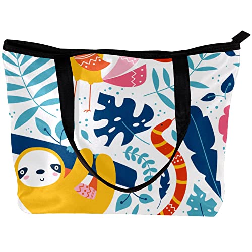 Women's Large Size Canvas Shoulder Bag Hobo Crossbody Handbag Casual Tote, Cartoon Sloth Parrot